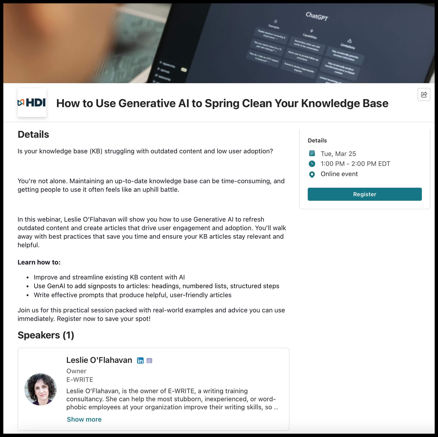 Webinar: How to Use Generative AI to Spring Clean Your Knowledge Base – HDI - E-WRITE